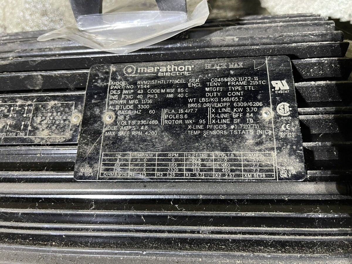 NEW Marathon Electric Y544 Vector Drive Motor - 3 ph, 5 hp, 1200 rp...