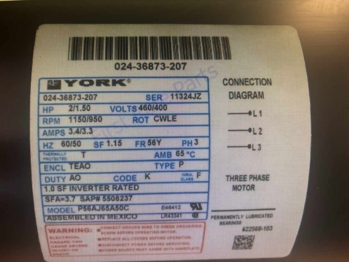 NEW , YORK 024-36873-207 Fan Motor P56AJ65A50C | Mega Mart Warehouse
