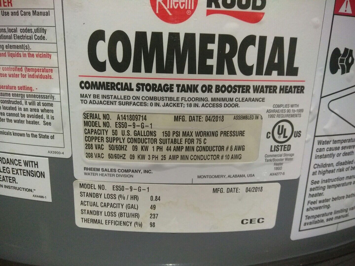 Commercial Heavy-Duty ES50-9-G-1 50 Gal. 9 kW 3Phase Electric Surfa...