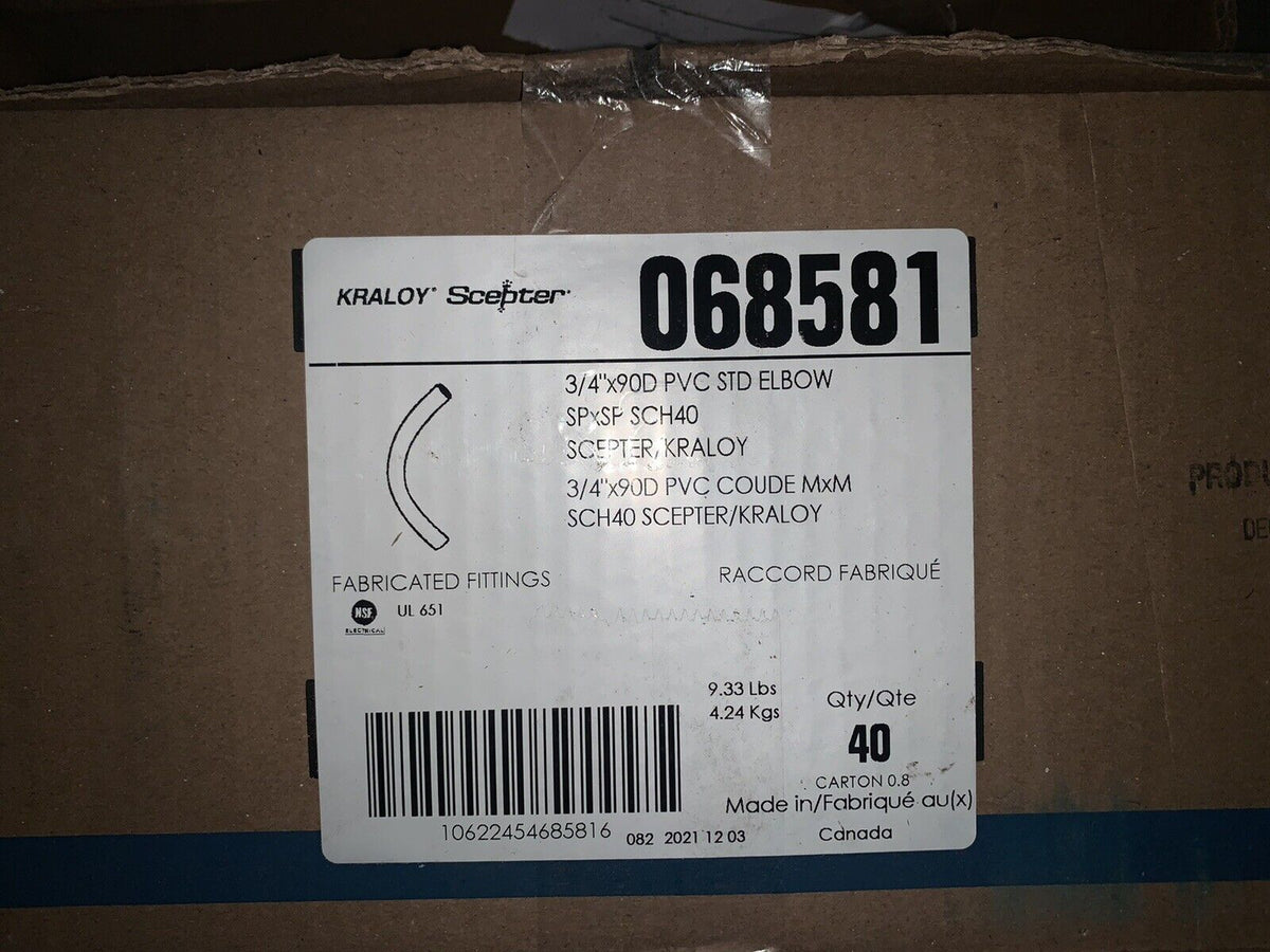 NEW Kraloy Scepter 3/4”x90D PVC STD Elbow SPxSP SCH40, 068581 (40 P...