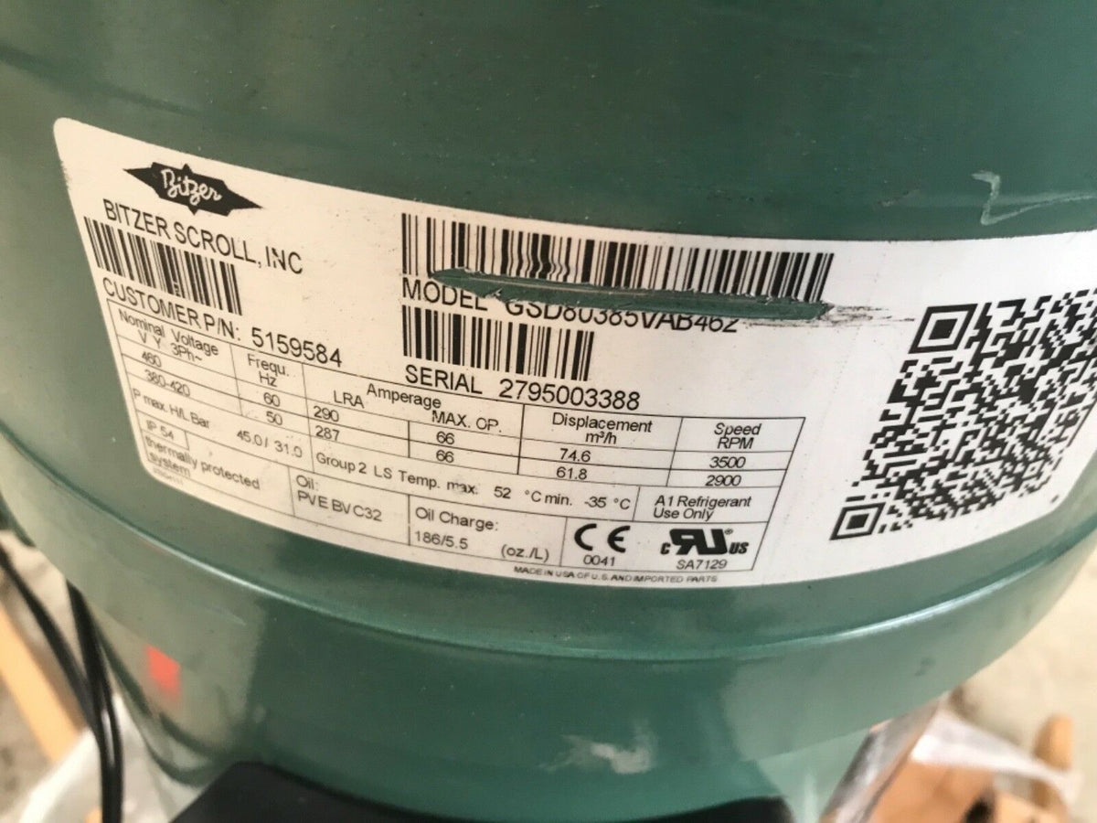 BITZER SCROLL COMPRESSOR # GSD80385VAB462 460,380-420V 3 PH, 3500rp...