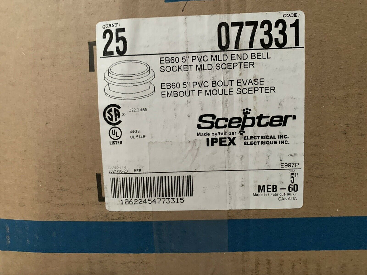NEW Scepter EB60 5" PVC MLD End Bell Socket 077331 (25 PC BOX)...