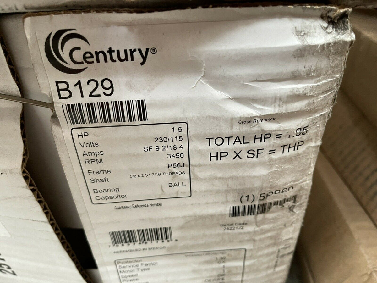 CENTURY B129 Motor, 1 1/2 HP, 3,450 rpm, 56J, 115/230V **FREE SHIPP...