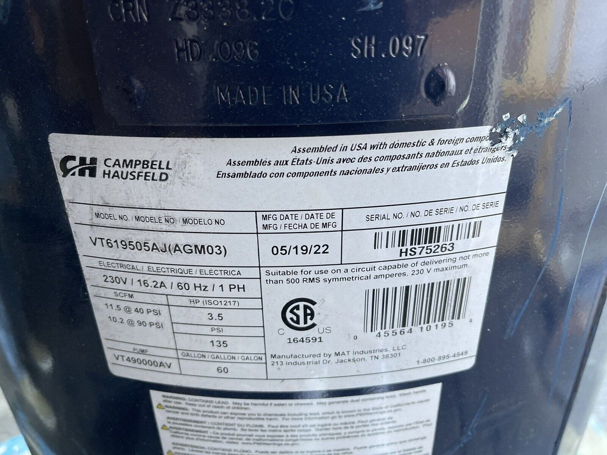 Campbell Hausfeld 60 Gallon 3.7 HP 230V Vertical Stationary Air Com...