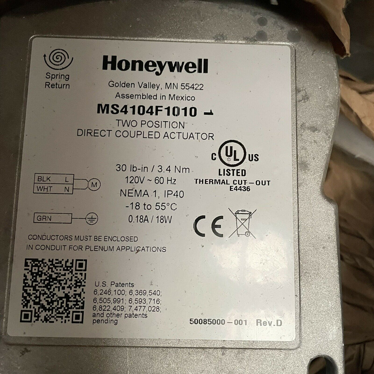 Honeywell MS4104F1010 Direct Coupled Actuator 30 lb-in, 120 Vac, 2-...