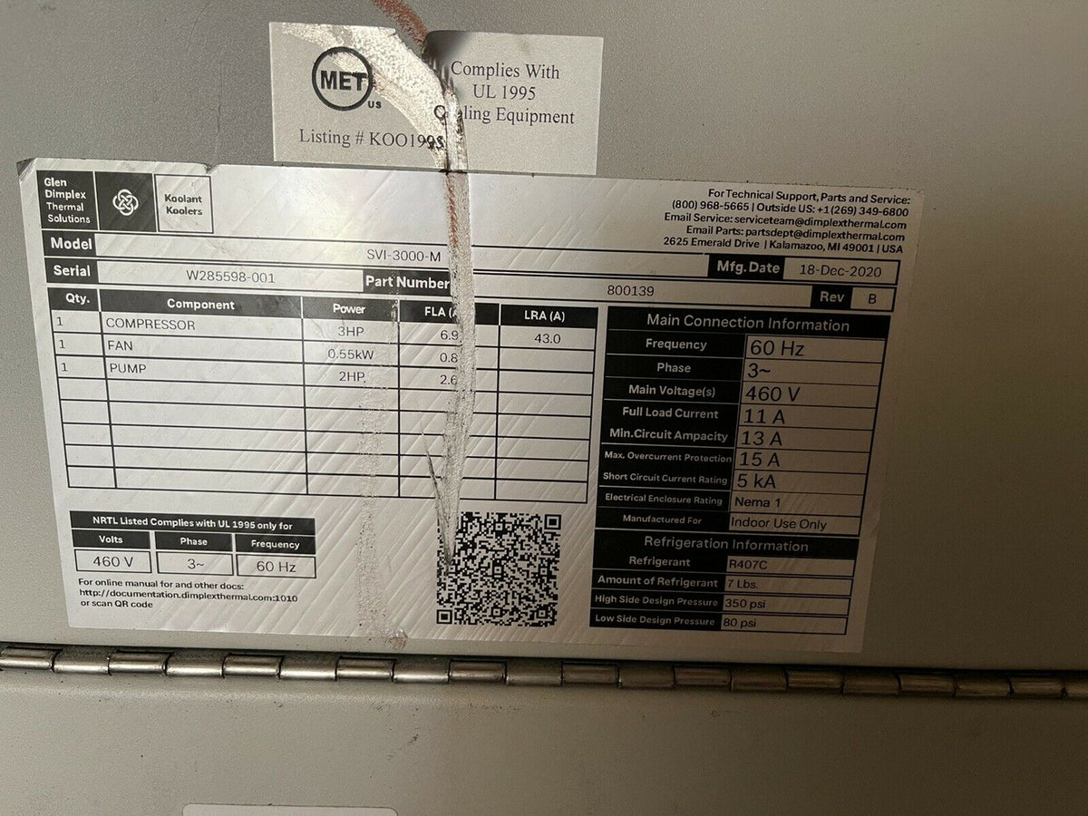 Dimplex Thermal Solutions SVI-3000M Koolant Koolers 3-ton Chiller 3...