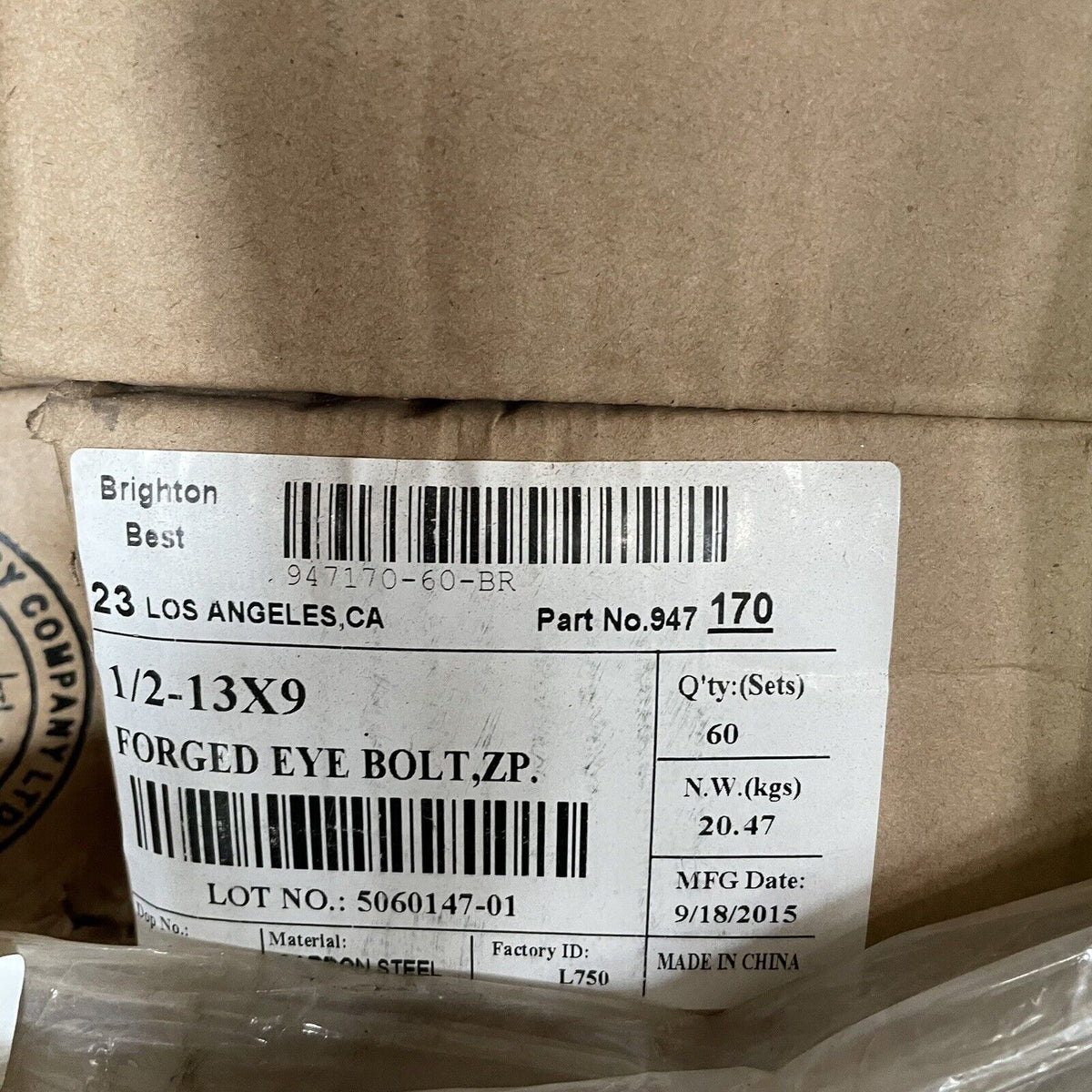 (60) BRIGHTON BEST FORGED EYE BOLTS 1/2 -13X9 | Mega Mart Warehouse