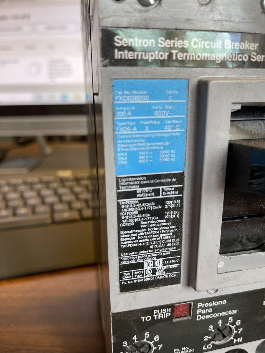 FXD63B200 Siemens Circuit Breaker Sentron Series FXD 200A 600V Bolt...